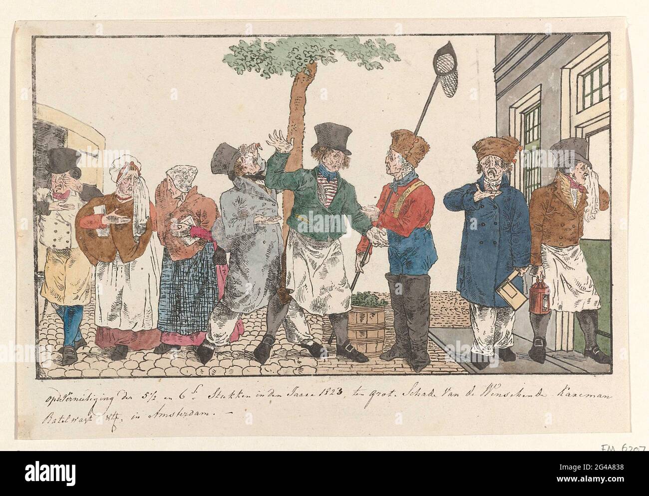Jammering street workers, 1824. Eight street workers standing in a row ...