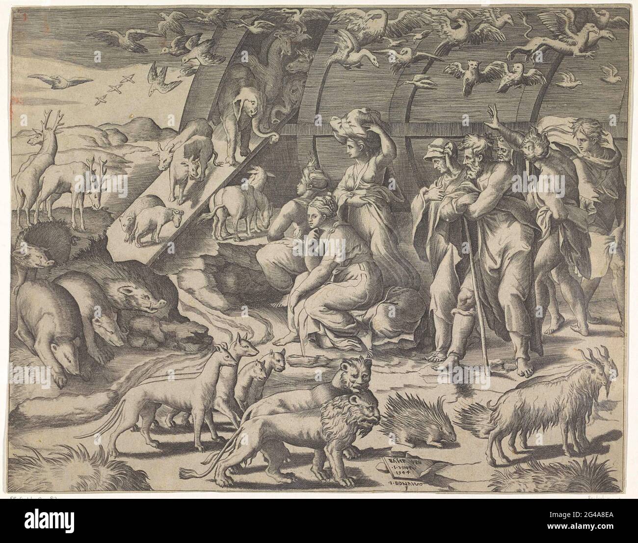 Noah leaves the ark. Noah and his family leaving the ark together with ...