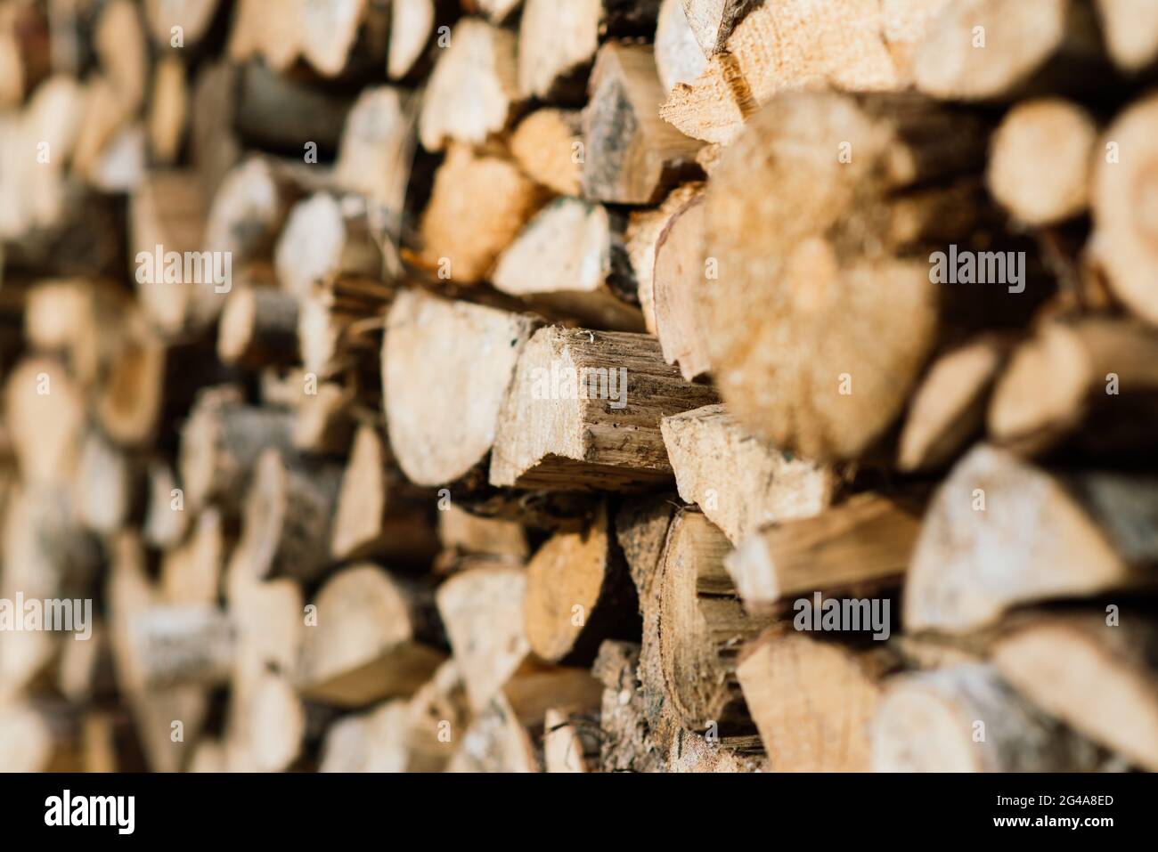 Stacked firewood close-up, chopping wood. Logging in a village, rustic ...