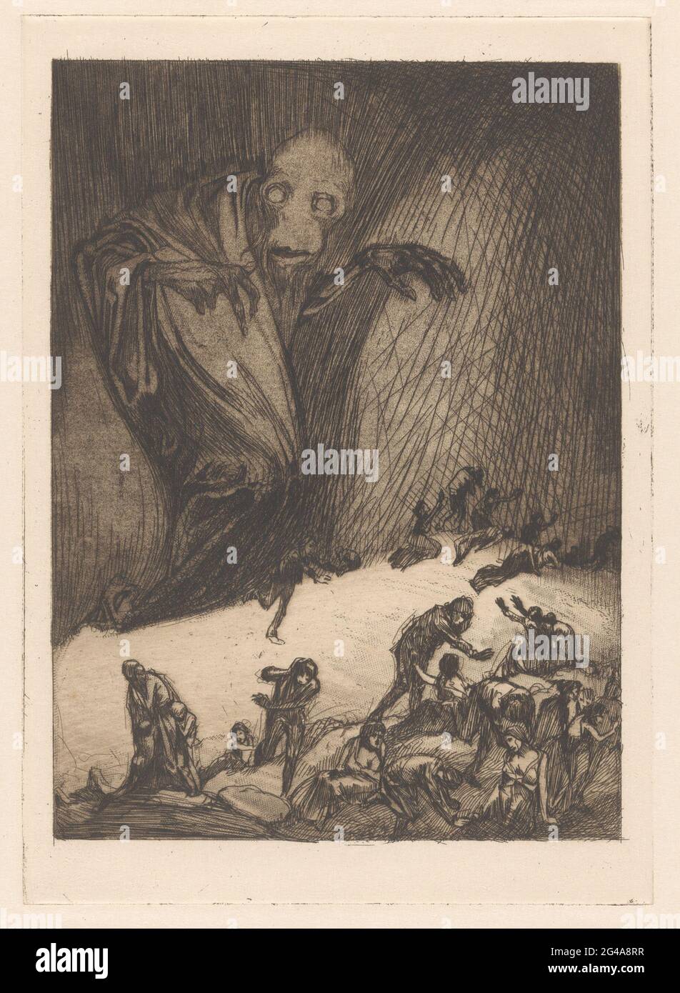 Monster with fleeing people; Monster fantasy. A sample with hollow eyes ...