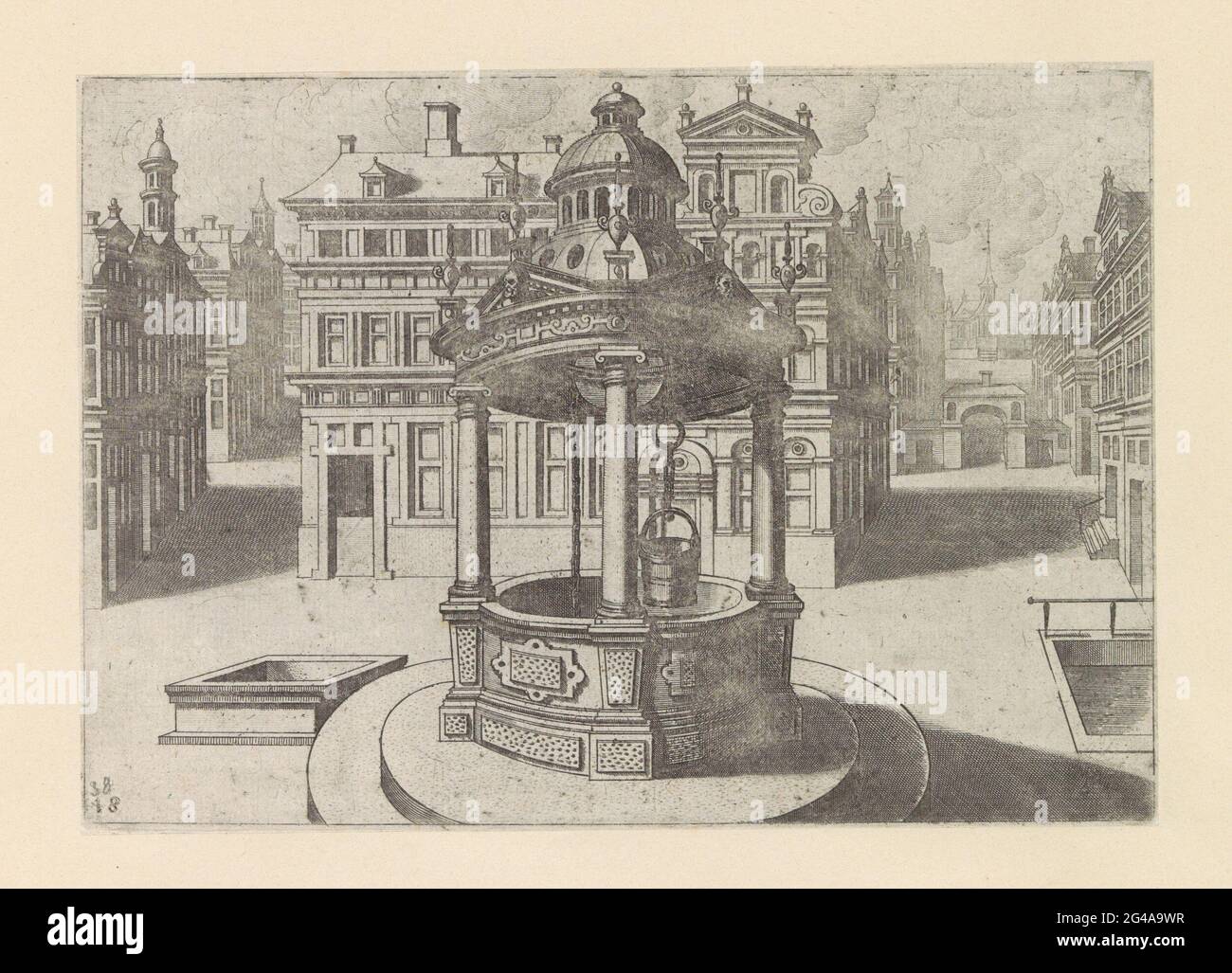 Round water well for a city palace on a square; Water wells. On a city ...
