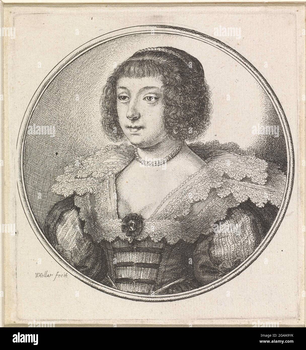 Woman with richly executed sides collar and pearl necklace; Woman girls ...
