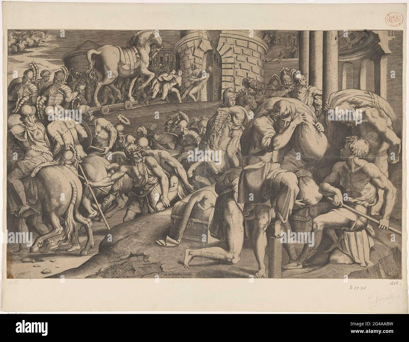 Trojans enter the wooden horse. A procession Trojan soldiers takes the ...