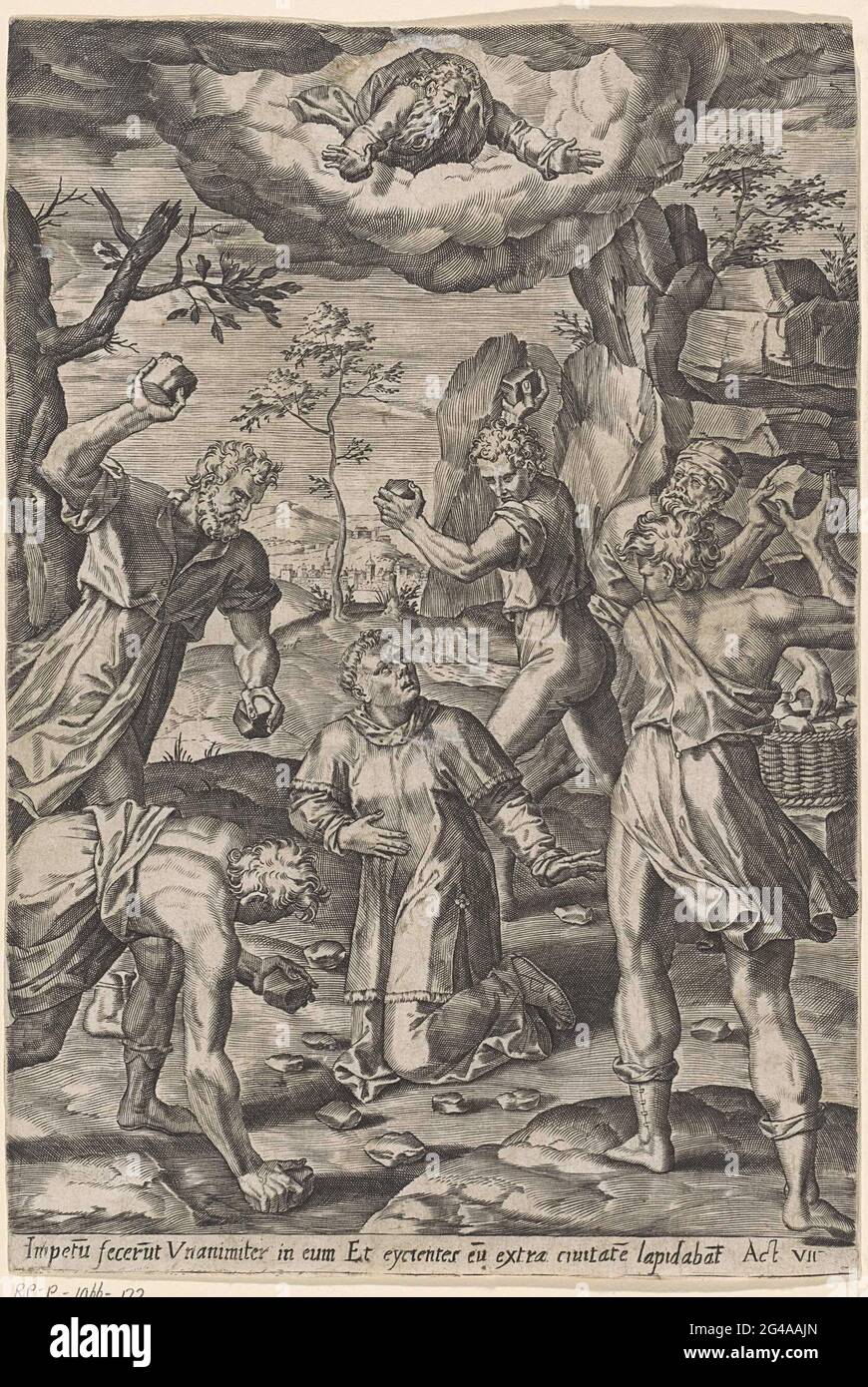 Stenigen van Stefanus. Stefanus is stoned by five men. Stefanus sees ...