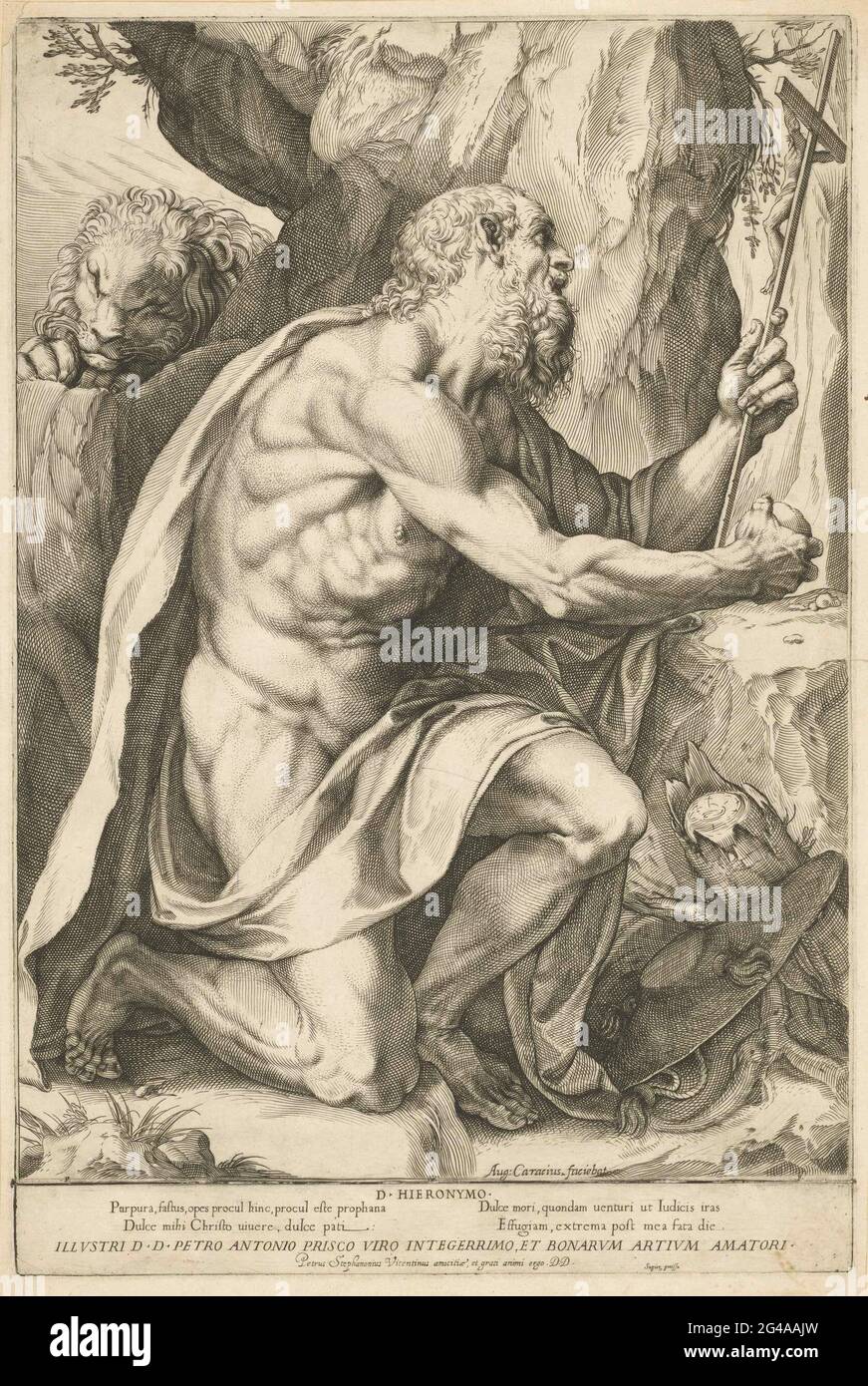 Saint Hieronymus. Above: the sacred hieronymus, kneeling with a ...
