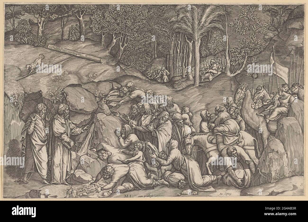 Moses strikes water from the rock. A landscape with Moses that skips ...