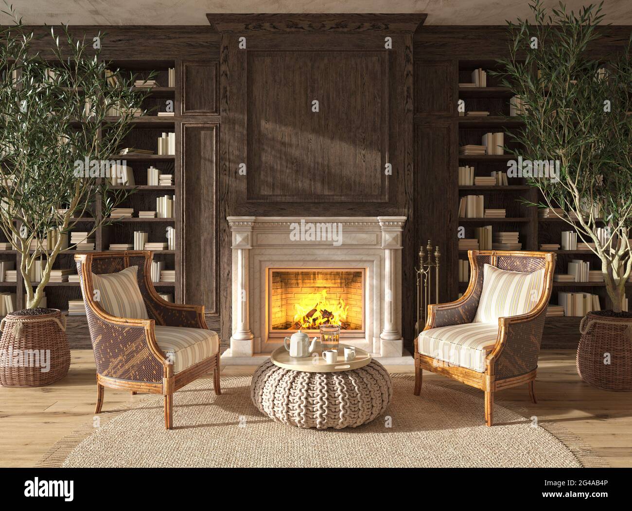 Scandinavian farmhouse style living room interior book library with ...