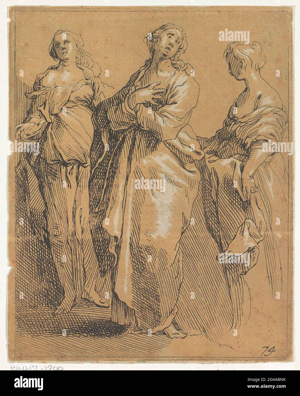 Three standing figures. At the bottom right '74' Stock Photo - Alamy