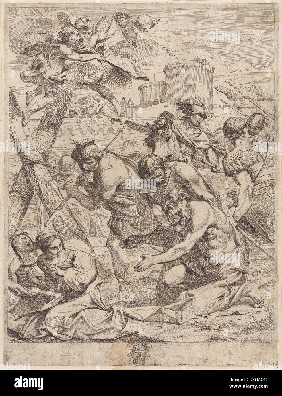 Martyrdom of Saint Andreas. Saint Andreas is kneeling. In the ...