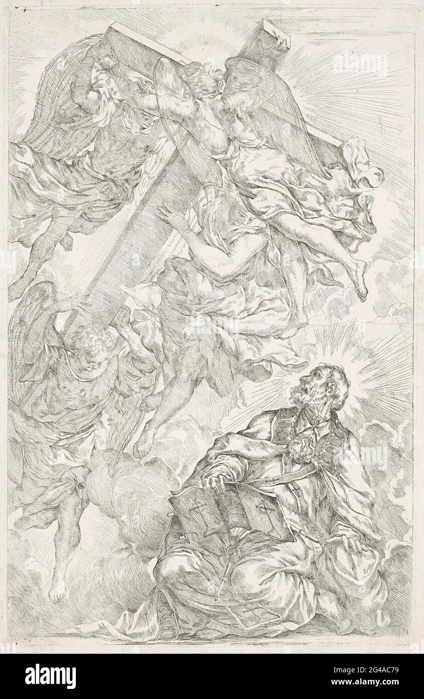 The appearance of the cross to Peter. Petrus is sitting on a book with ...