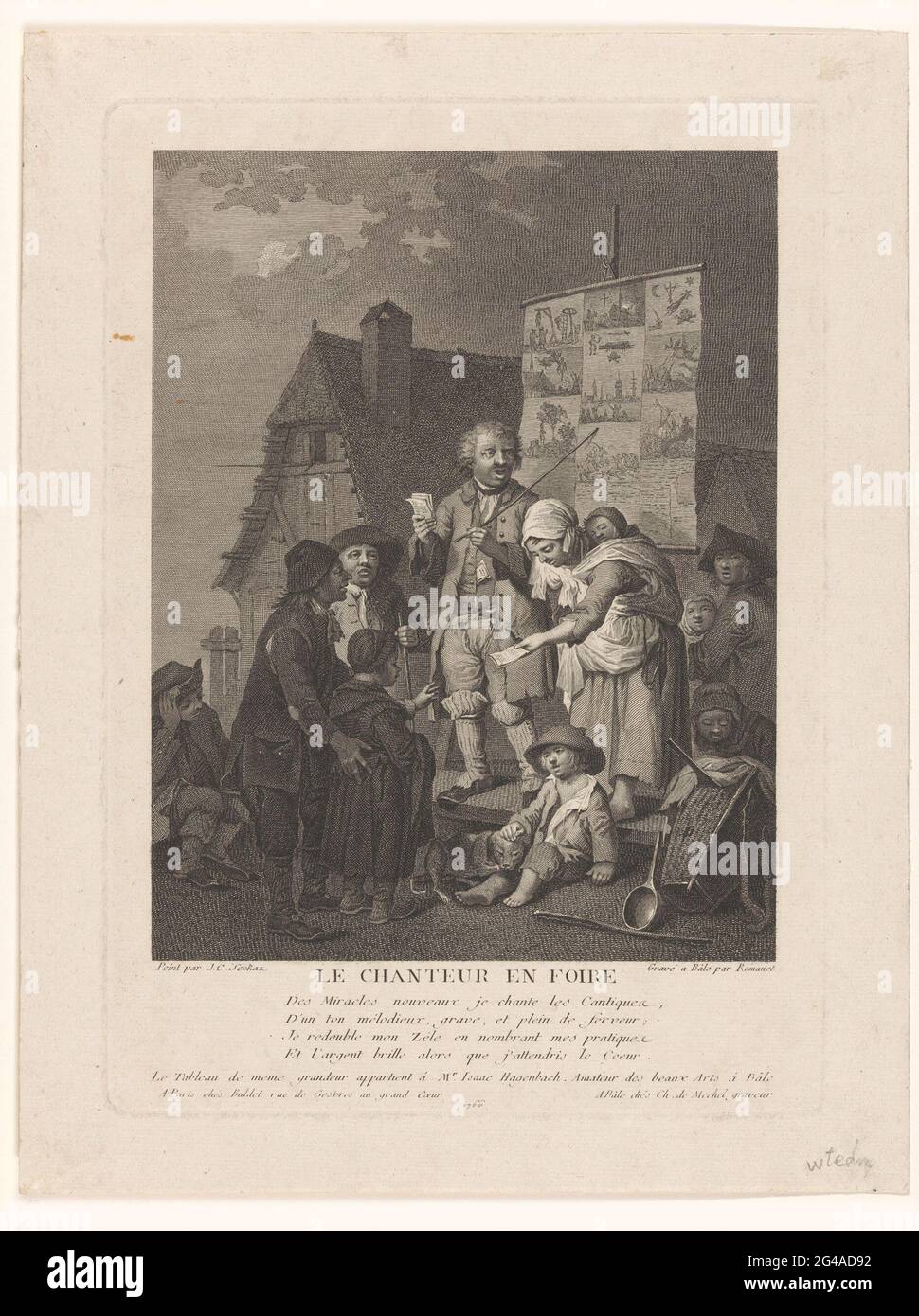 Fairground singer; Le Chanteur and Foire. A man on a stage on a market ...