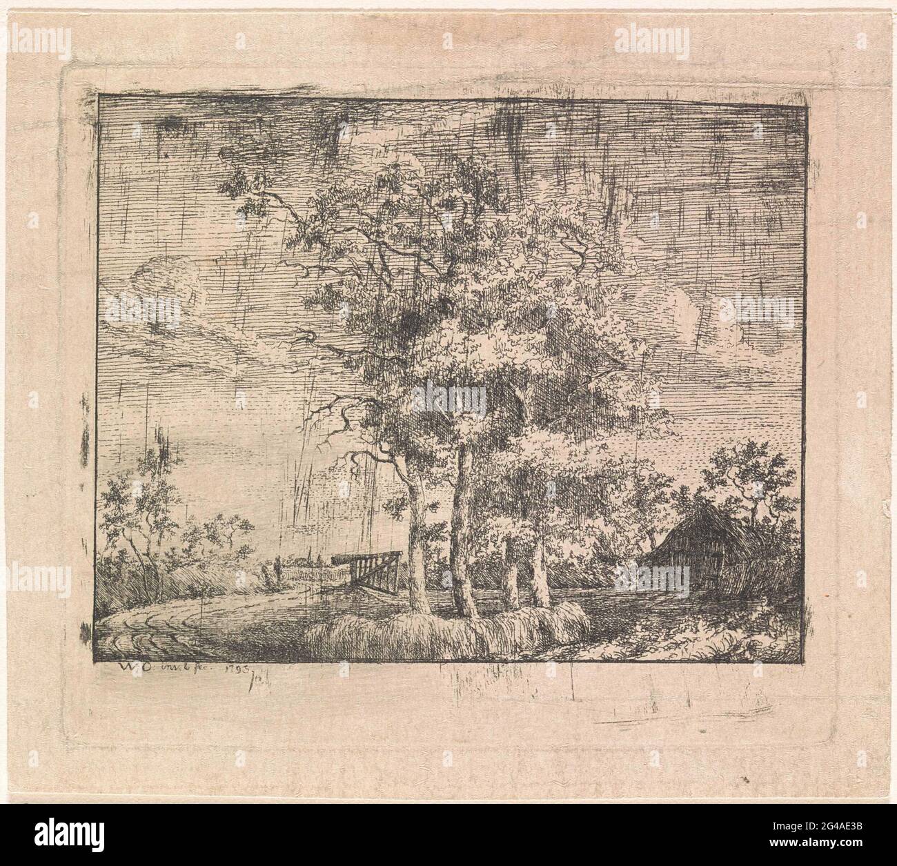 Landscape with four trees. Landscape with four trees in the middle. On ...