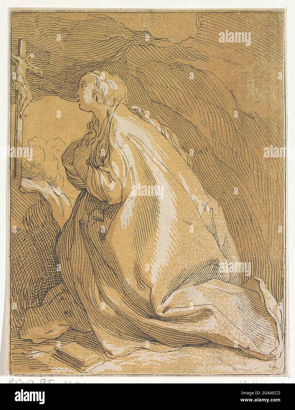 Bootless Mary Magdalene in the cave kneeling for a crucifix Stock Photo ...