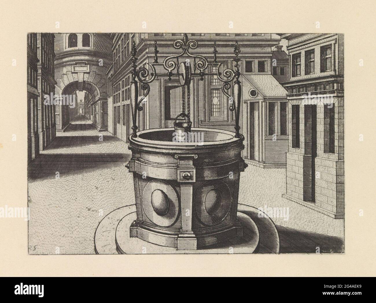 Street and round water well with metal roof; Water wells. A street with ...