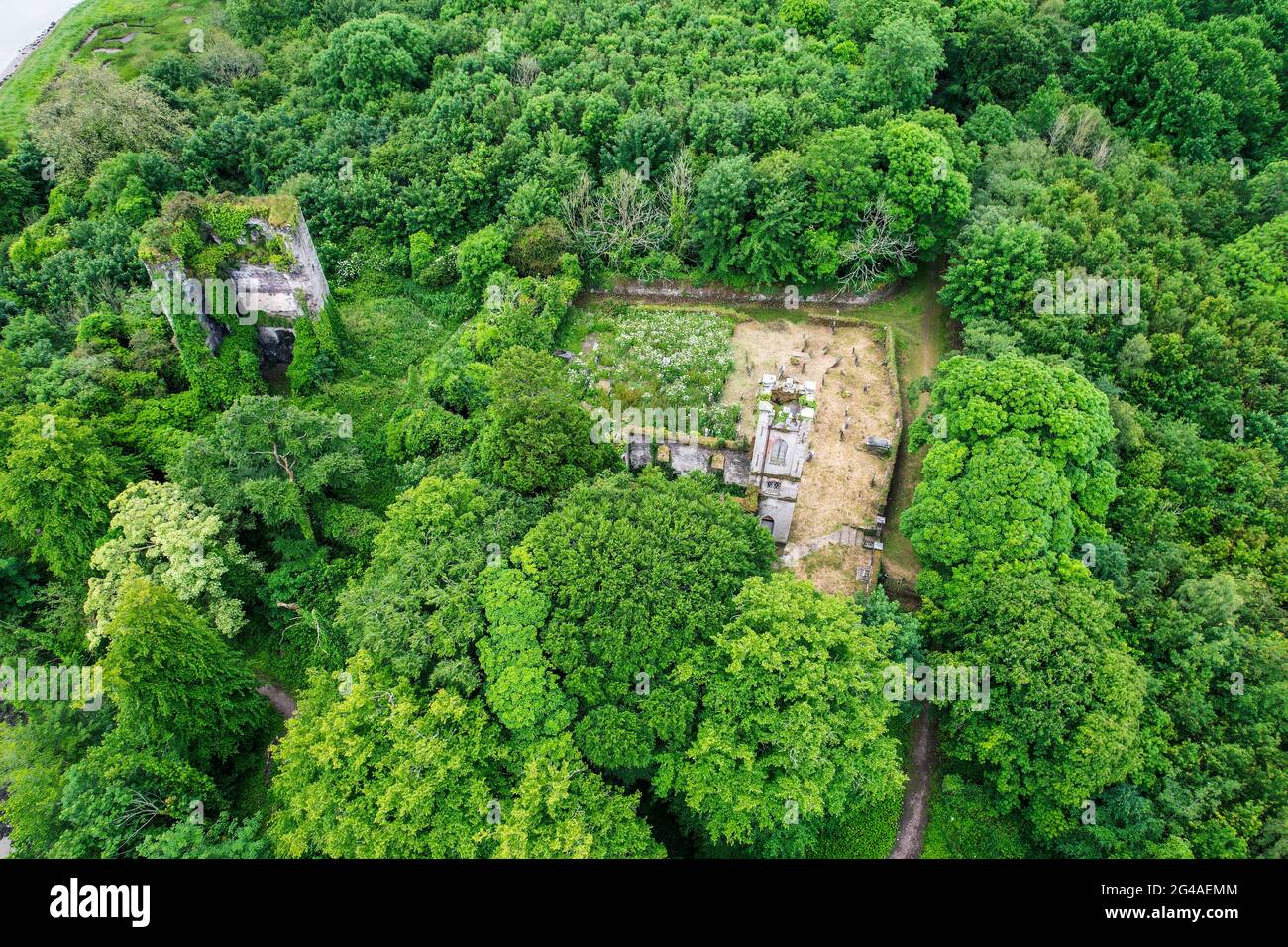 Aerial view of the Templemichael Church and Castle in county Waterford ...