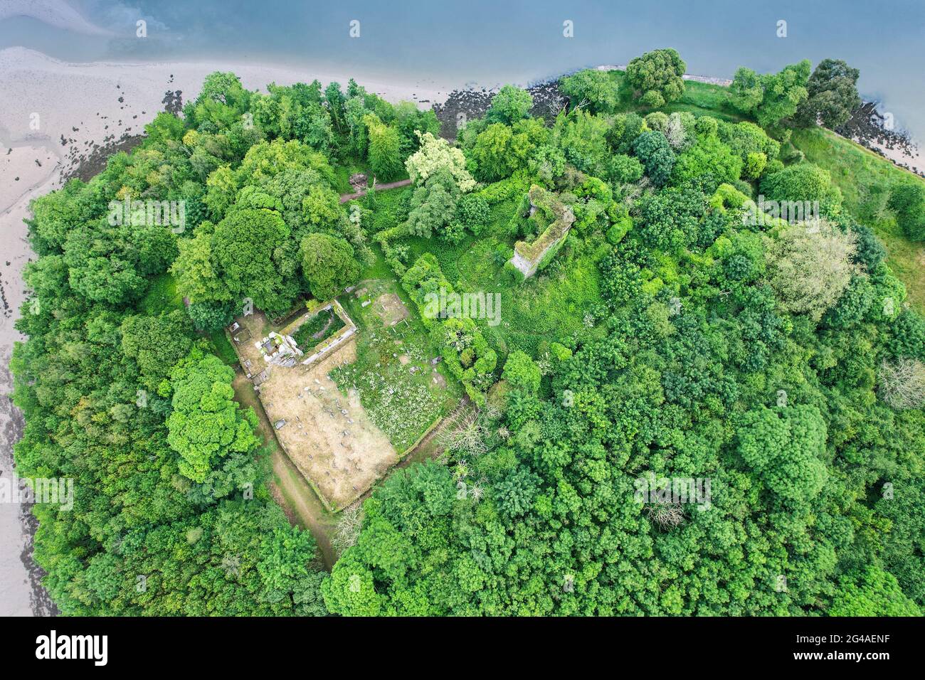 Aerial view of the Templemichael Church and Castle in county Waterford ...