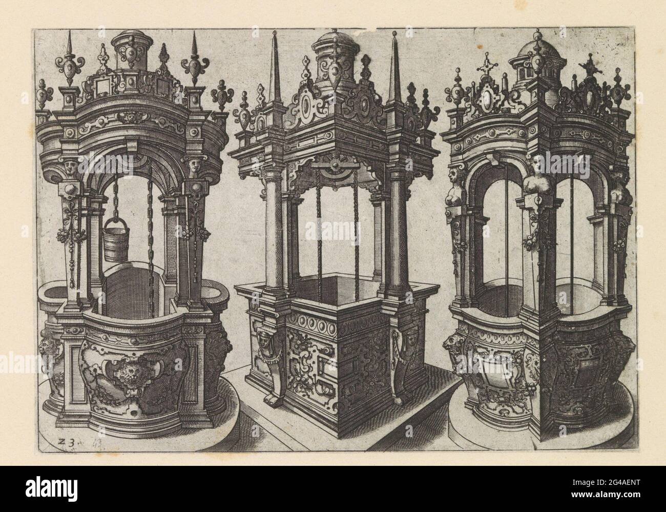 Three wells, one with four hemisphered sides; Water wells. A well with ...