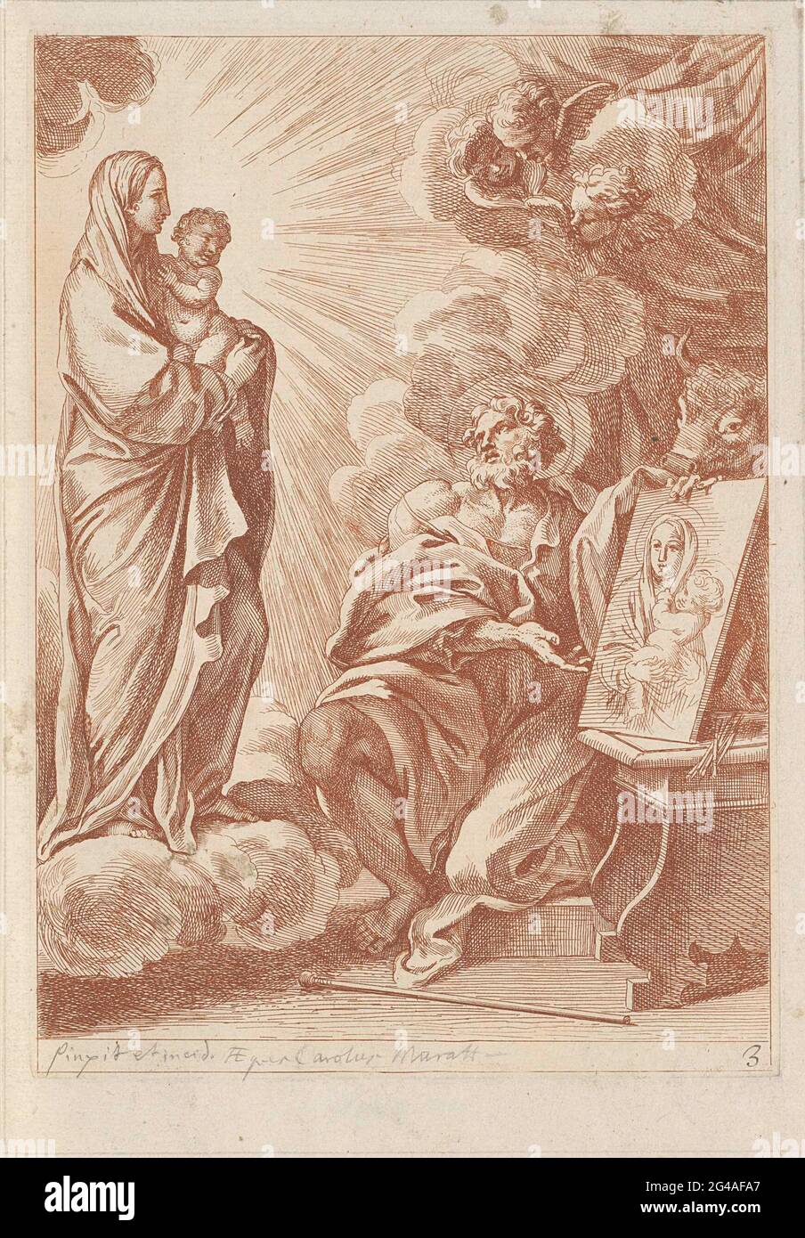 Maria with child and the Saint Lucas. Maria stands on the left on a ...