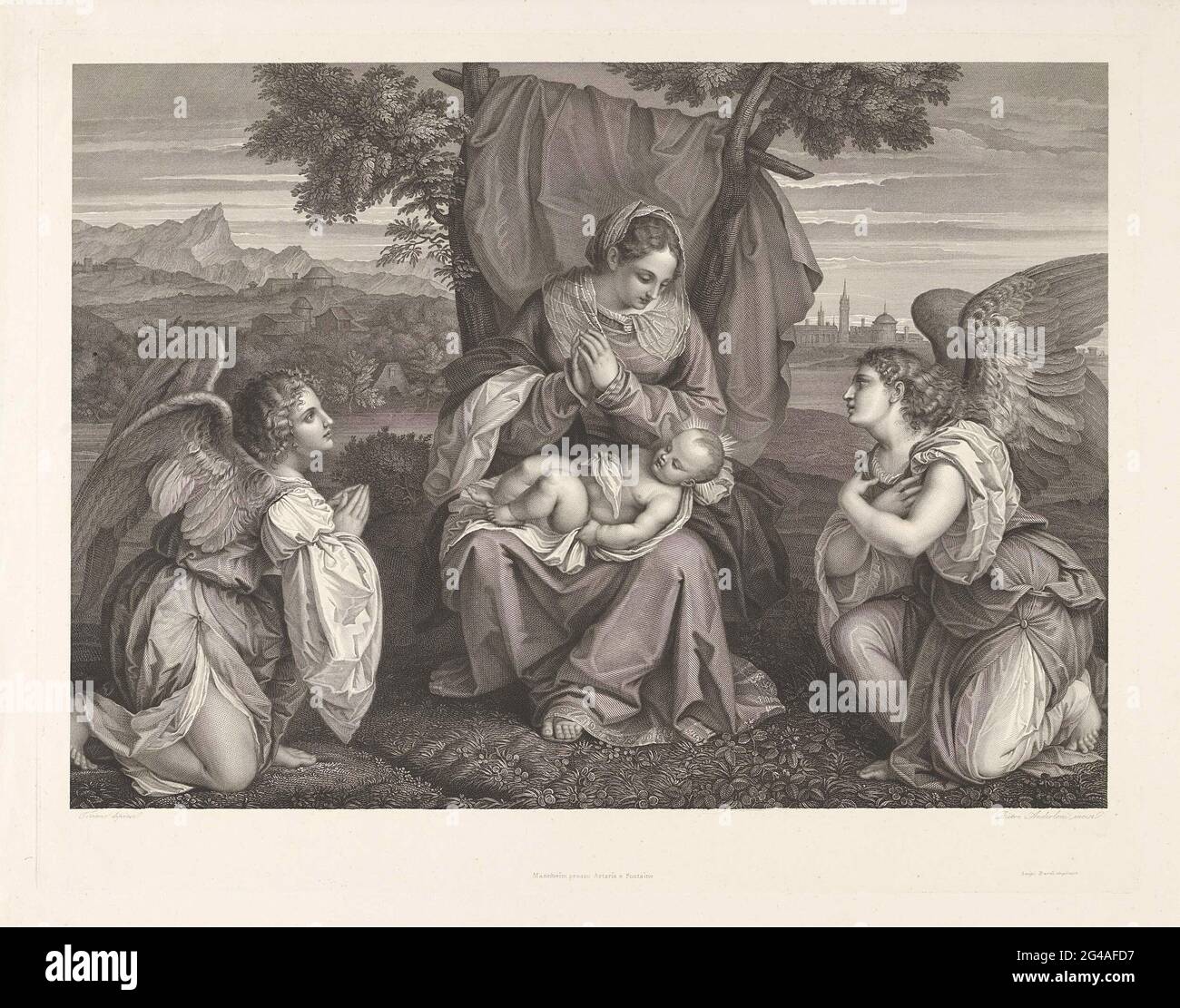 Maria with child in landscape between two angels. Maria is with the ...