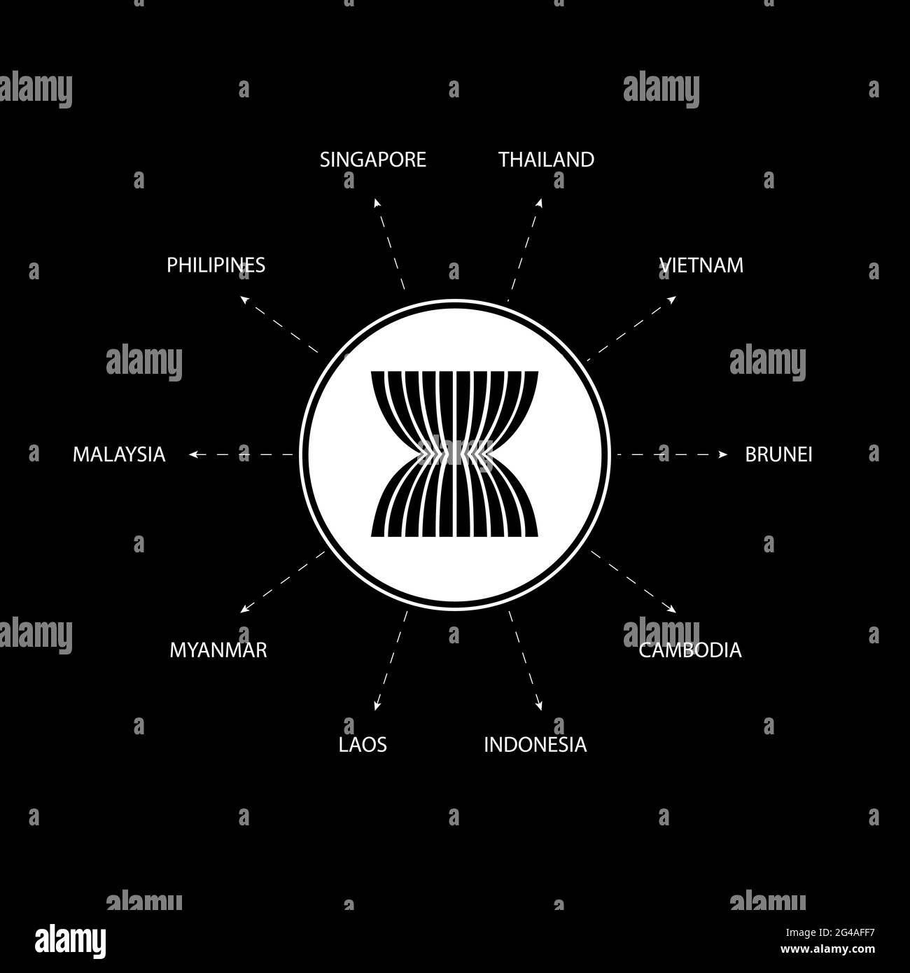 Country members in Southeast Asia with white and black emblem isolated ...