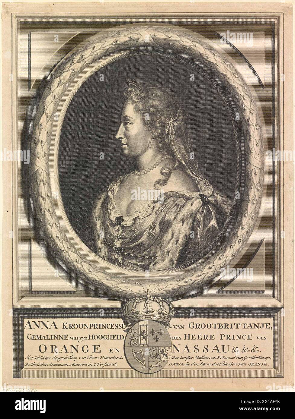 Portrait of Hanover Anna. Portrait of Anna in an oval of Lauwerbladen ...