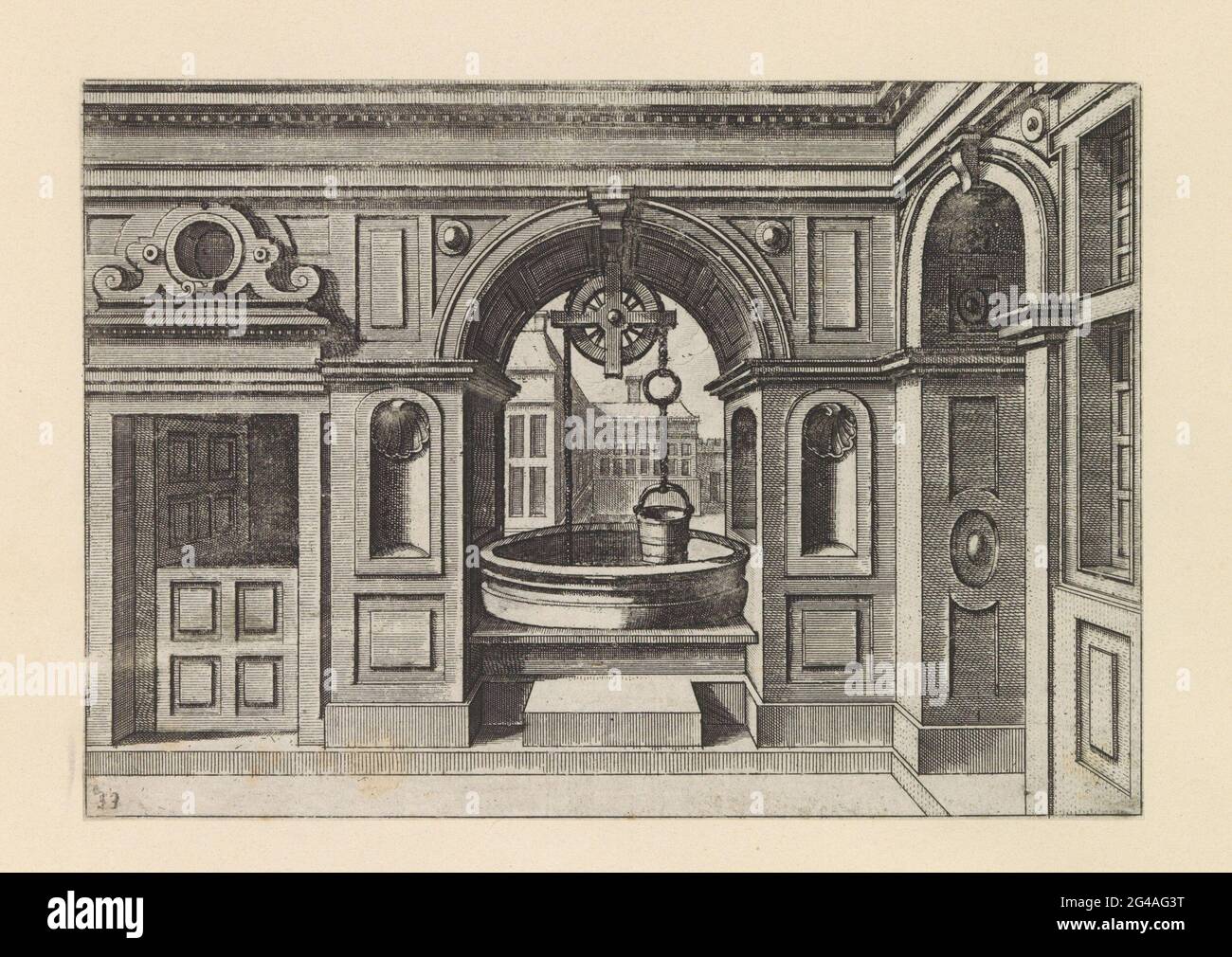 Water well in arc shaped opening in a wall; Water wells. Round Put ...
