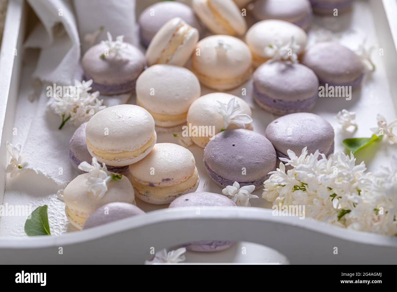 Beautiful macaroons flavored lilac. Dessert concept for summer ...