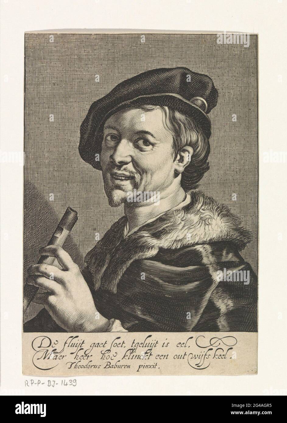 Flute player. A young man, halvened, holds a flute. With two-legged ...