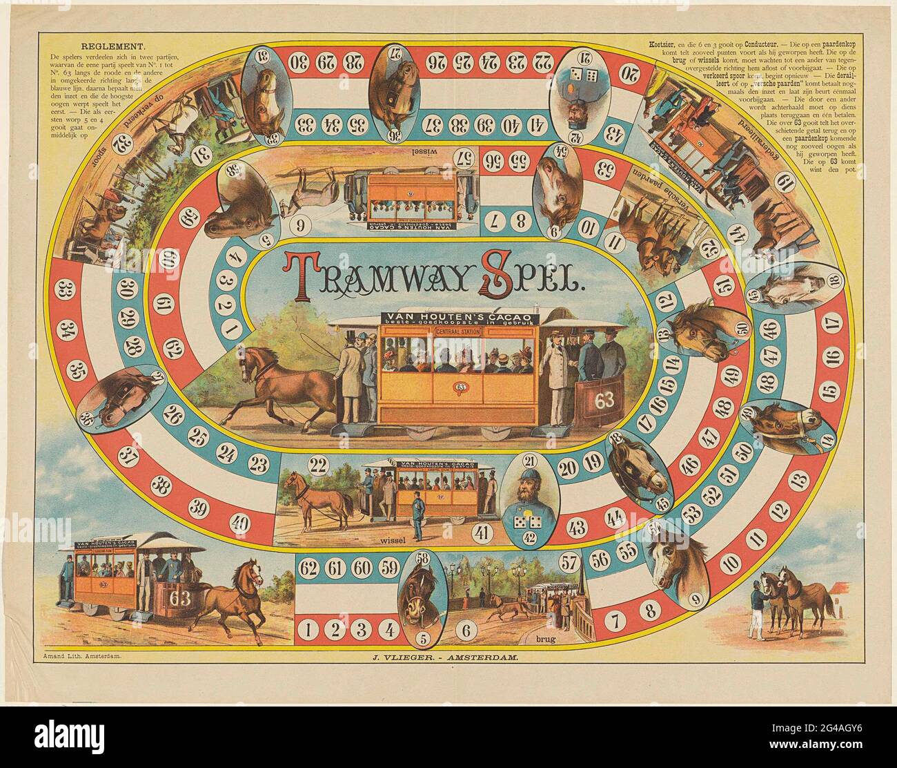 Tramway game. Board game with a spiral with numbered boxes running from ...