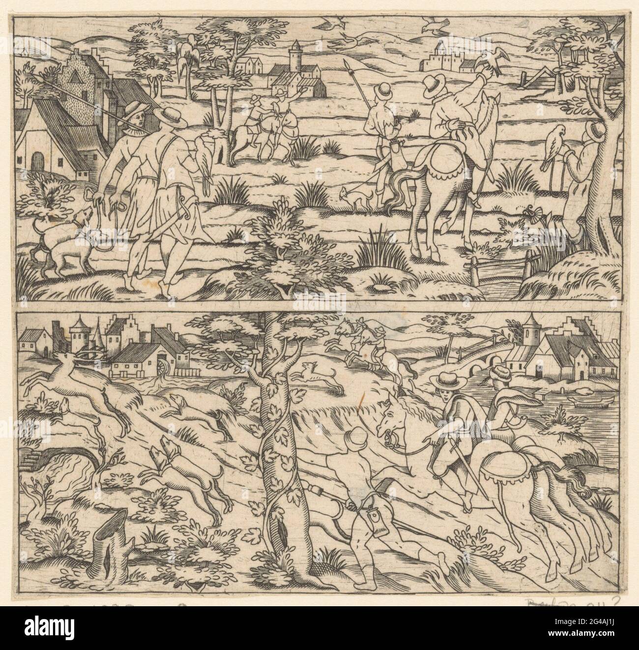 Bird hunt and deer hunt. Two scenes of hunting figures on horseback in ...