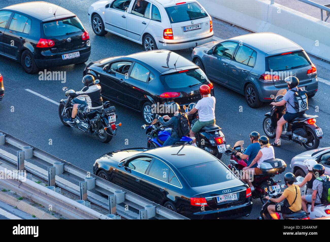 Wien, Vienna: cars and motorbikes in a traffic jam, on bridge ...