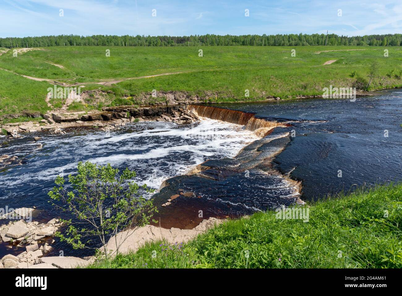 Top view of The Waterfall on The Tosna River in Ulyanovka village ...