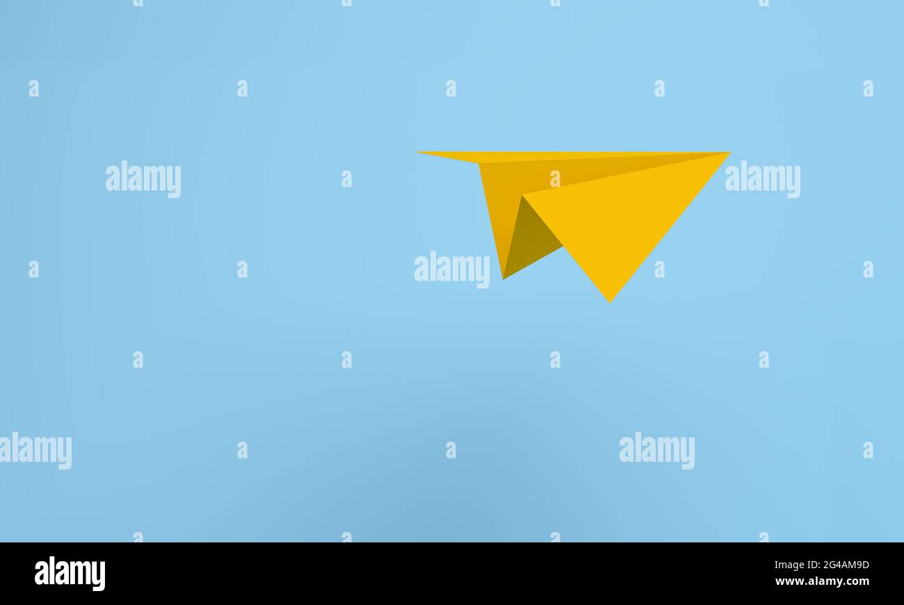 Isometric yellow paper airplane flying on blue background. 3d rendering ...