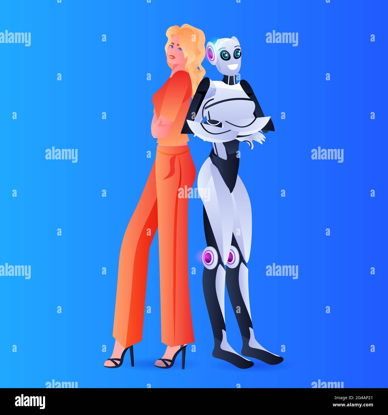 businesswoman standing with robot partnership artificial intelligence ...