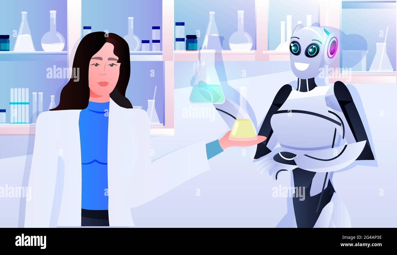 robot with female scientist making chemical experiments in lab genetic ...