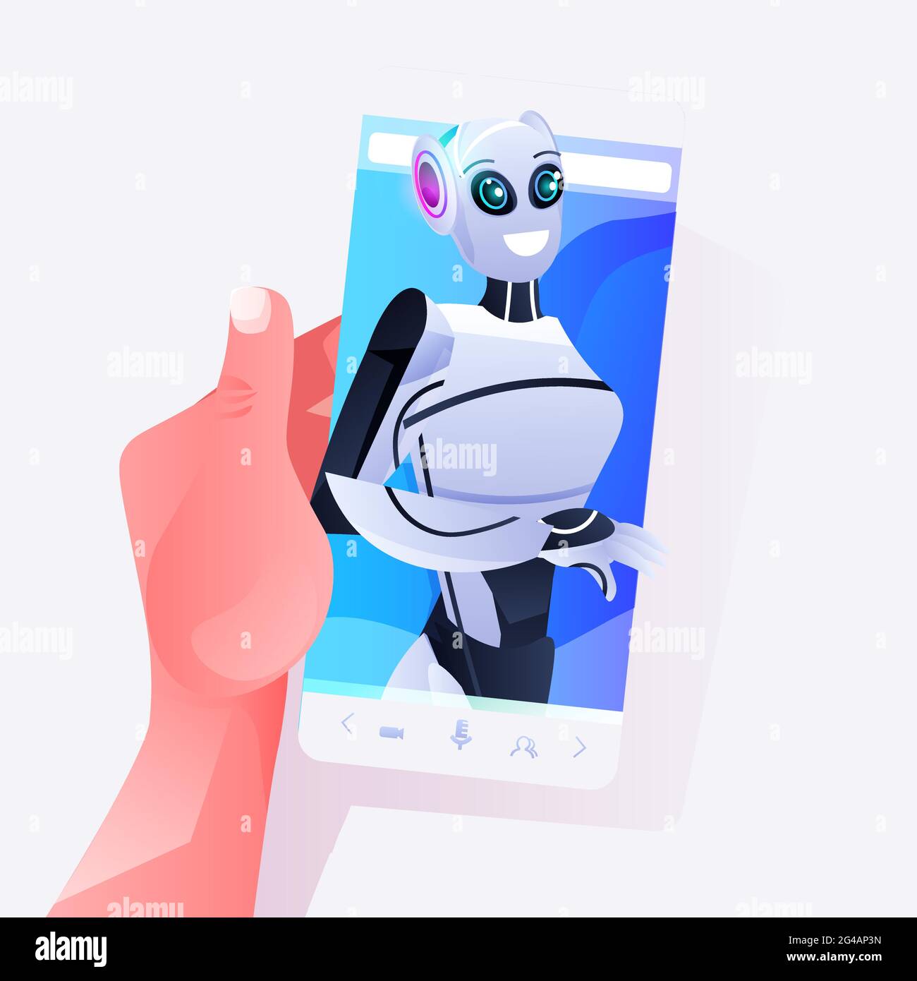 human hand using smartphone with female robotic person on screen online ...