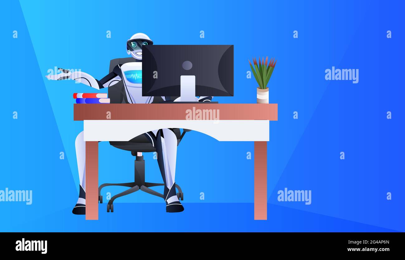 robot sitting at workplace robotic businessperson working in office ...