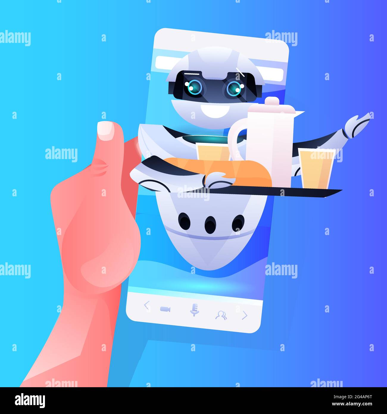 human hand using smartphone with modern robot waiter serving food on ...