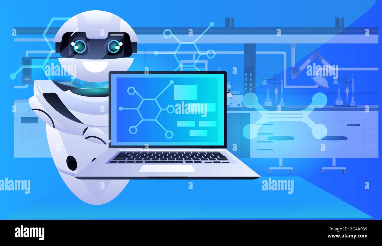 robot using laptop robotic chemists making experiments in lab ...
