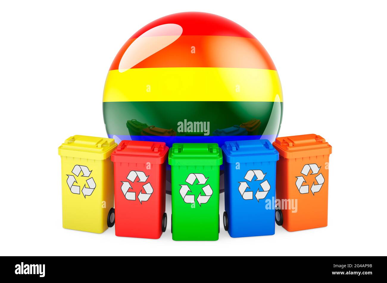 Colored recycling bins with LGBT rainbow flag, 3D rendering isolated on ...