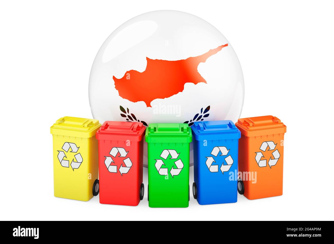 Waste recycling in Cyprus. Colored recycling bins with Cypriot flag, 3D ...