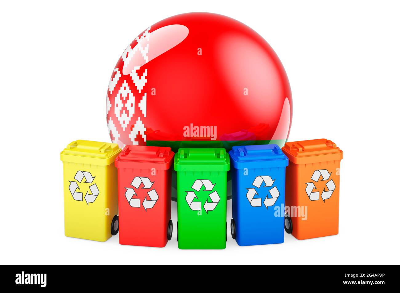 Waste recycling in Belarus. Colored recycling bins with Belarusian flag ...
