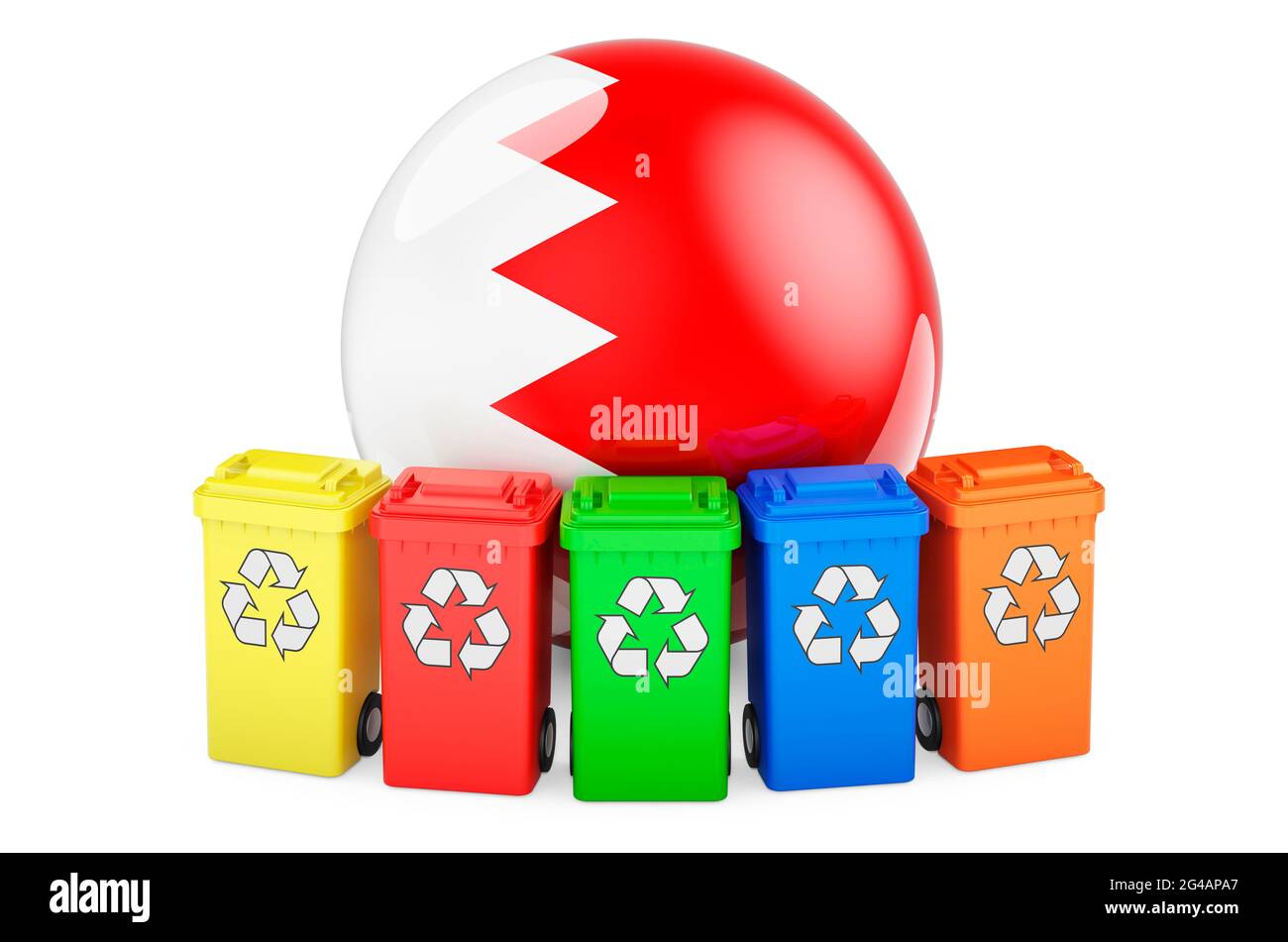 Waste recycling in Bahrain. Colored recycling bins with Bahraini flag ...