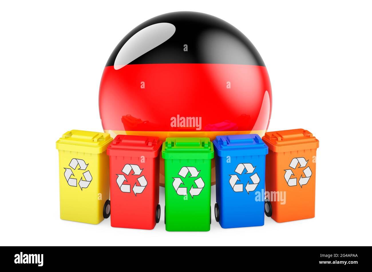 Waste recycling in Germany. Colored recycling bins with German flag, 3D ...
