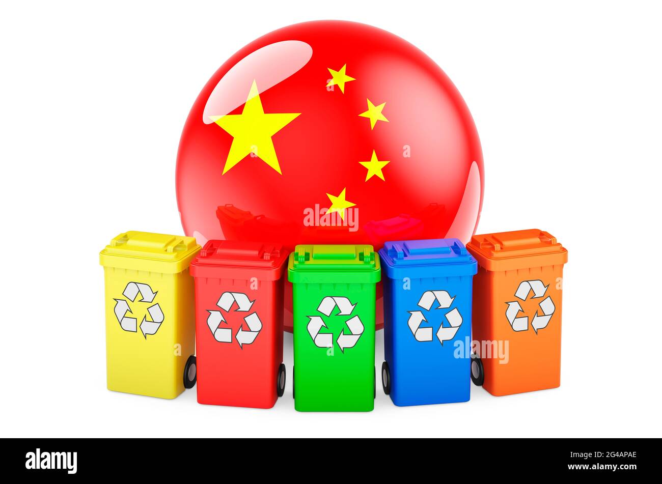 Waste recycling in China. Colored recycling bins with Chinese flag, 3D ...