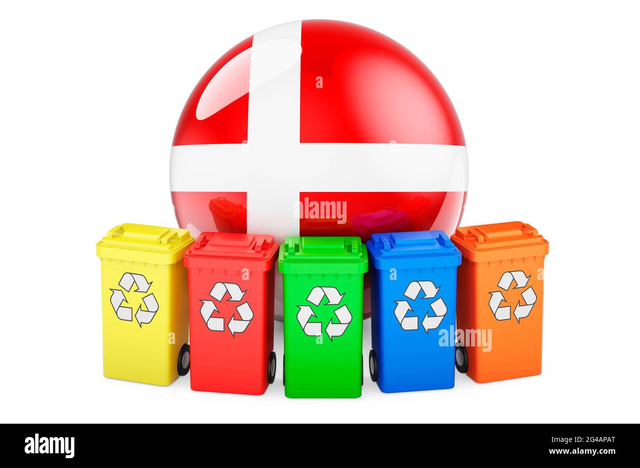 Waste recycling in Denmark. Colored recycling bins with Danish flag, 3D ...