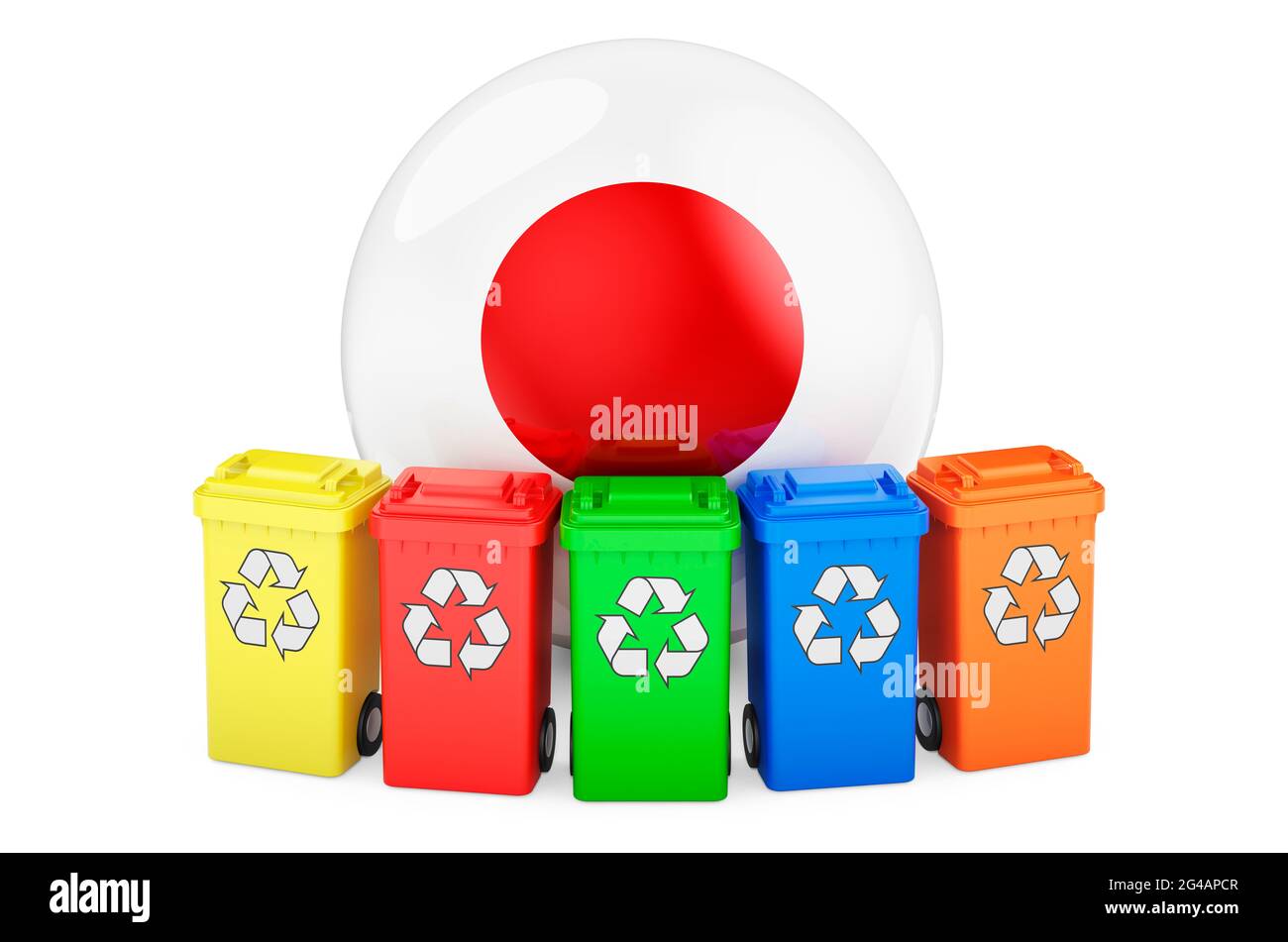 Waste recycling in Japan. Colored recycling bins with Japanese flag, 3D ...