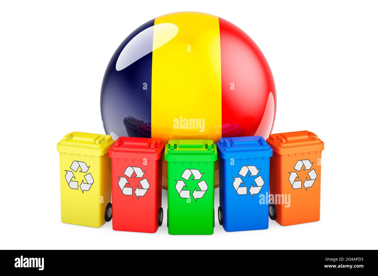 Waste recycling in Romania. Colored recycling bins with Romanian flag ...