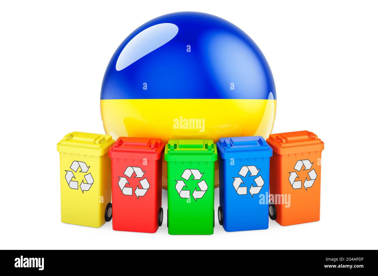 Waste recycling in Ukraine. Colored recycling bins with Ukrainian flag ...