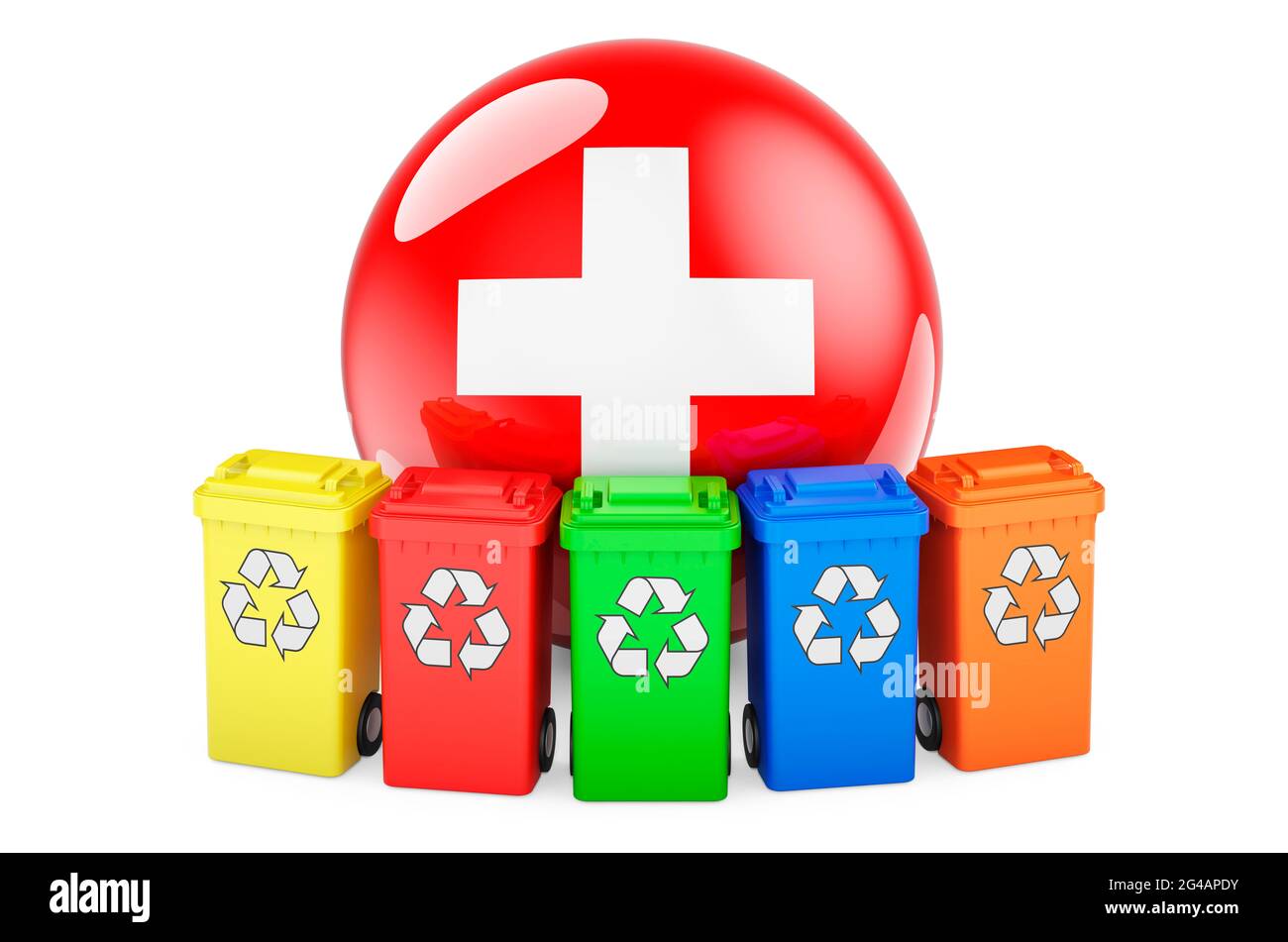 Waste recycling in Switzerland. Colored recycling bins with Swiss flag ...